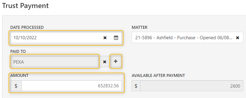 Record a trust payment to PEXA – Smokeball Support Hub