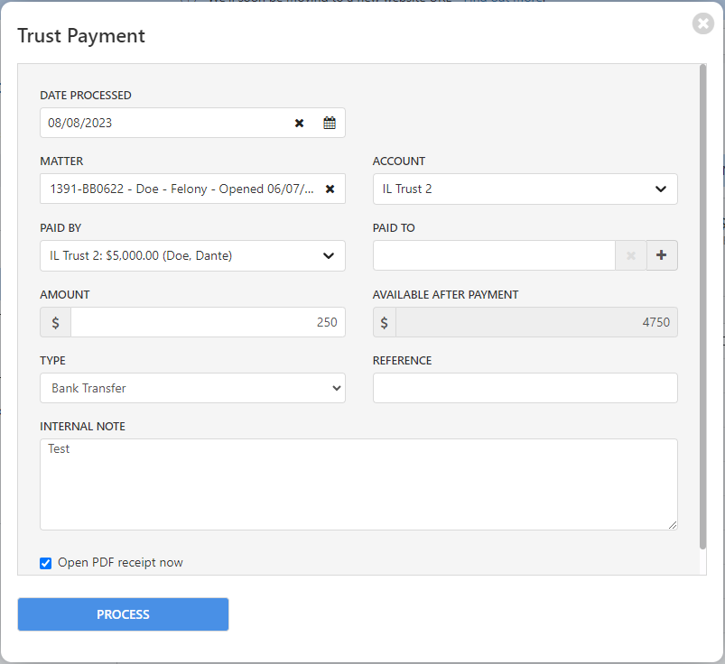 Record a trust payment – Smokeball Support Hub