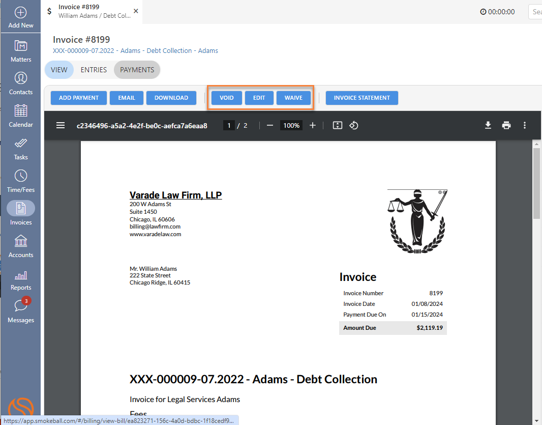 Edit, Waive, or Void Invoices – Smokeball Support Hub