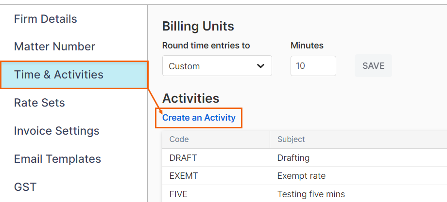 Set up activity codes for time, fee, and disbursement entries ...